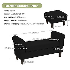 Merdoo Classics Storage Ottoman Bench with 2 Ottoman Foot Rest, Tufted End of Bed Storage Bench, Upholstered Bedroom Storage Bench, Rolled Arm Window Bench for Entryway Bedroom Living Room, Black…