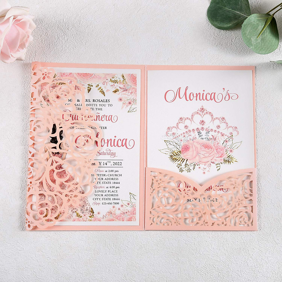 DreamBuilt 4.7 x7 inch 50PCS Personalized Pink Quinceanera Invitations Kit Laser Cut Hollow Rose Pocket Quinceanera Invitation Cards with Envelopes for Bridal Shower Quincenera Birthday Invite