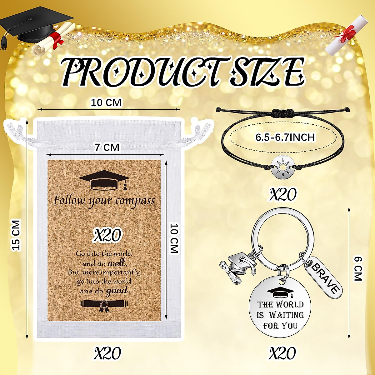 Junkin 20 Pack Graduation Bracelet Gift for Her Him Graduation Keychain Class of 2024 Student Compass Bracelet College School