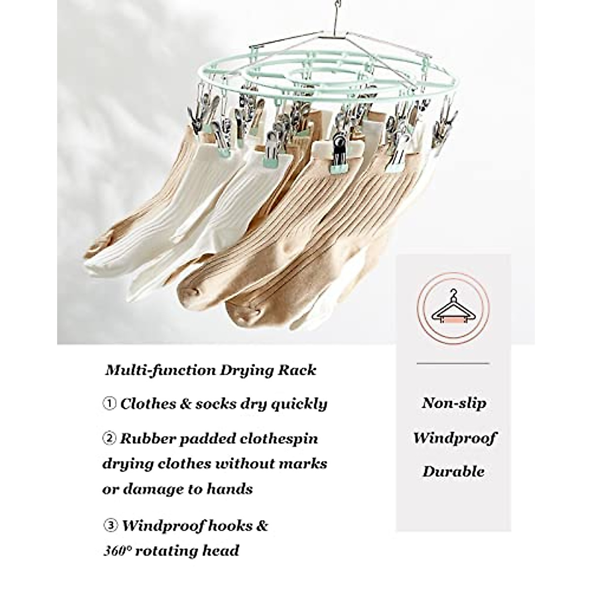 Decohomeforu Stainless Steel Clothes Sock Drying Rack with 24 Clips, Swivel Hook Windproof Clothes Hanger Rack for Sock, Bras, Towel, Underwear, Hat, Scarf, Gloves, Pants Laundry Clothes (Green Clips)