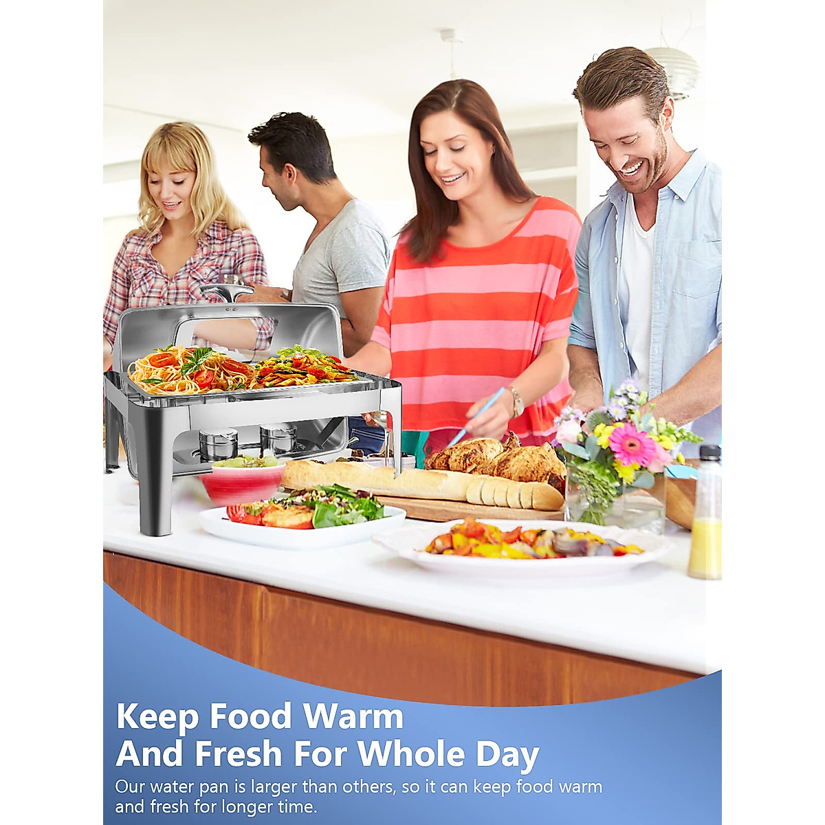 Granvell Rectangular Roll Top Chafing Dish Buffet Set, Catering Food Warmer for Parties, Wedding, Birthday, Christmas, 1 Full Size & 2 Half-Size Chafing Server Dish, 14QT Water Pan