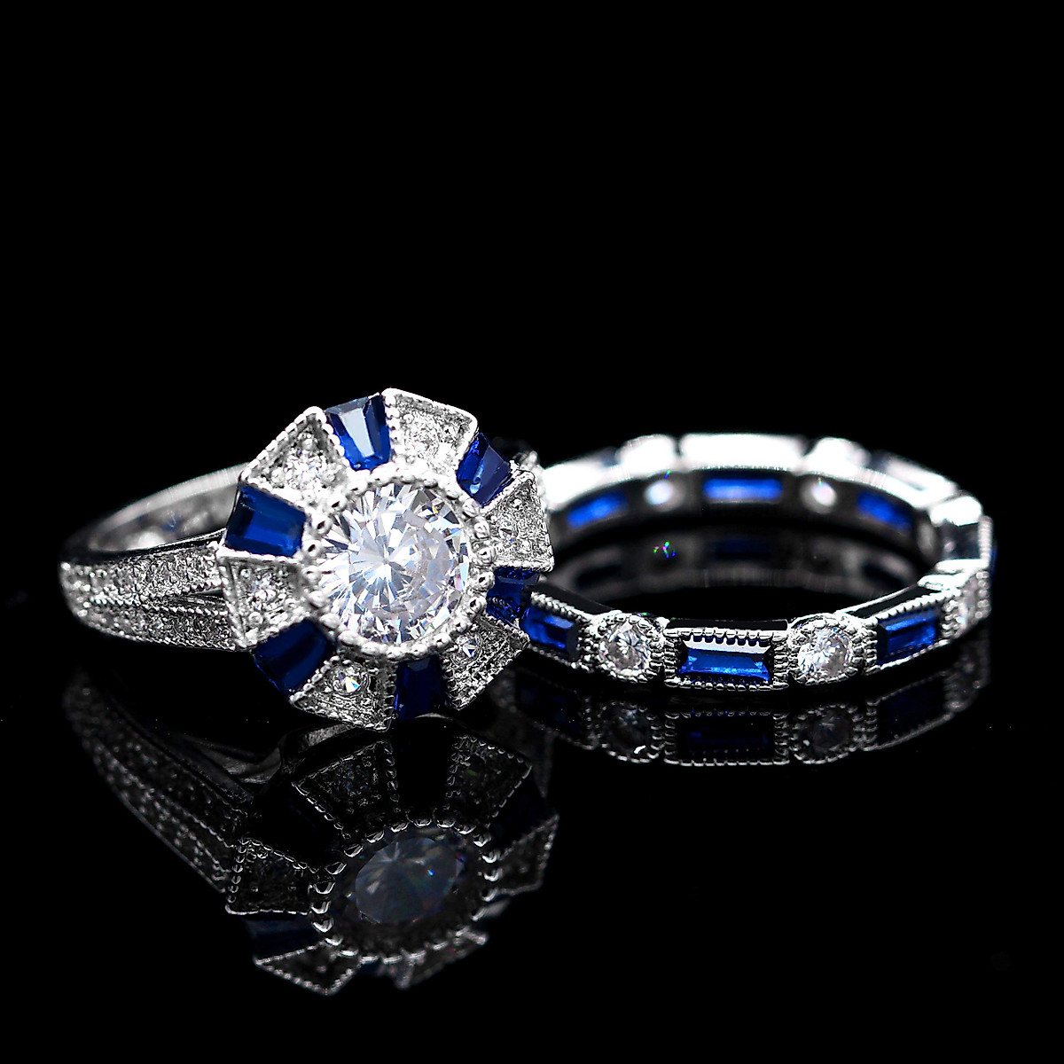 Uloveido Women's Platinum Plated Baguette Cut Blue Cubic Zirconia 2 Pcs Engagement Wedding Band Stacking Rings Set Gift (Size 6) RJ497