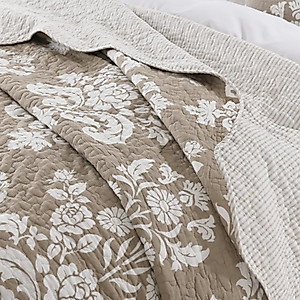 BCOTTOND Queen Size Quilt - 100% Cotton Queen Quilt Set Farmhouse Floral Bedspread Queen Size Lightweight Reversible Quilt Bedding Set for All Season Tan Khaki White 3-Piece
