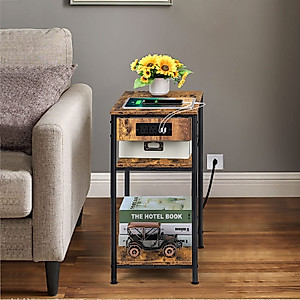 MOOACE Nightstand with Charging Station, 3 Tier End Table with Storage Shelf, Narrow Side Table with USB Ports & Outlets, for Small Space in Living Room, Bedroom and Balcony, Rustic Brown