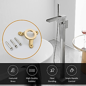 BESy Freestanding Bathtub Faucet Waterfall Tub Filler Brushed Nickel Floor Mount Brass Single Handle Bathroom Tub Faucets with 2 Function Hand Shower Wand
