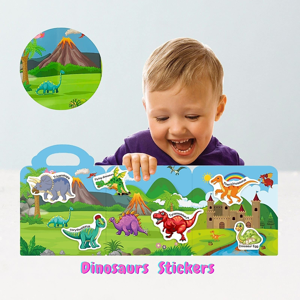 Reusable Sticker Books,Dinosaurs Sticker Toys for Kids Age 2-5,Durable and Non-Adhesive,Window Clings for Kids,Educational Stickers Toy Birthday Christmas Stuffing for Toddlers 2 3 4 5 Boys Girls