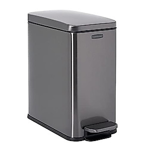 Rubbermaid Stainless Steel Slim Step-On Trash Can, 2.6-Gallon, Charcoal, Wastebasket with Lid for Home/Bathroom/Kitchen