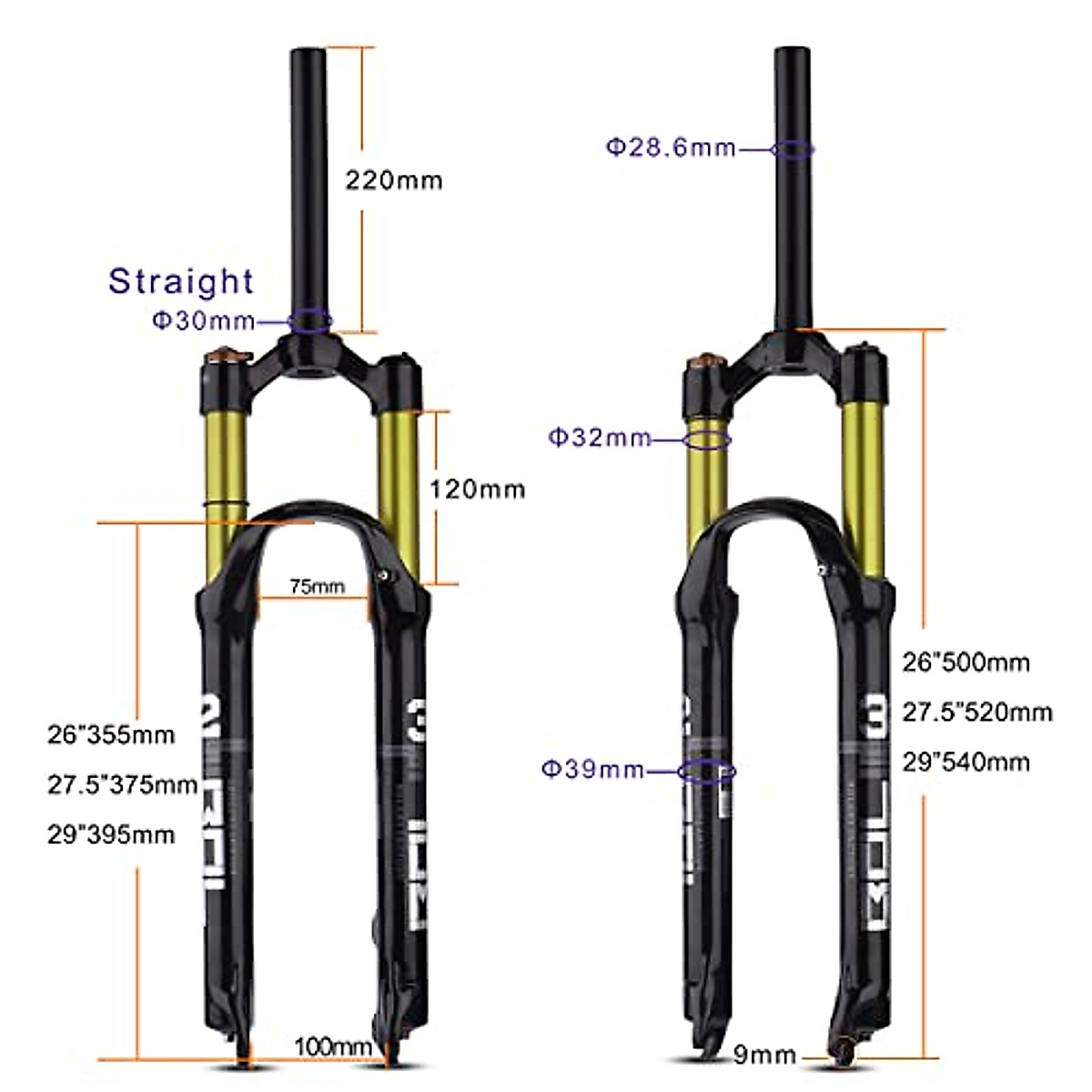 BOLANY Bike Suspension Fork MTB Bicycle Magnesium Alloy Suspension Front Fork 26/27.5/29 inch, 120mm Straight Steerer and Tapered Steerer Air Fork (26, Straight-Manual)