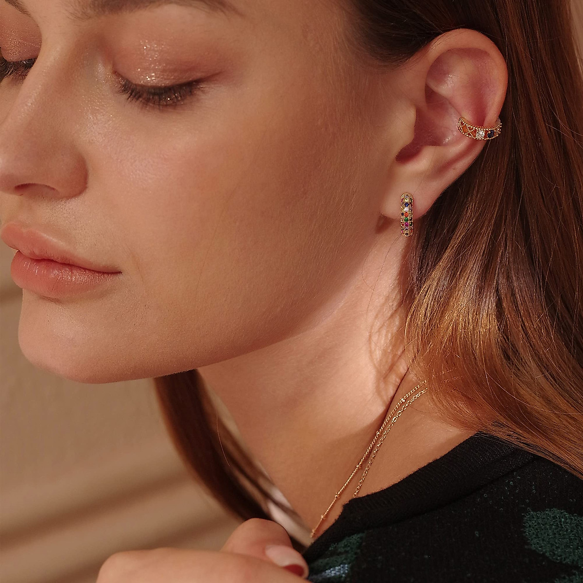 MEVECCO Dainty Women Gold CZ Huggie Hoop Earrings 18K Gold Plated White Multicolor Diamond Cubic Zriconia Inlay Sleeper Tiny Delicate Boho Beach Simple Handmade Jewelry for Her