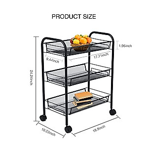 3-Tier Mesh Wire Rolling Cart with Baskets, Christmas Gifts Multifunction Utility Cart Wheels Lockable , Office Bedroom Storage Organizer , Easy Assembly Mesh Trolley Cart , Slide-Out Shelf, Black