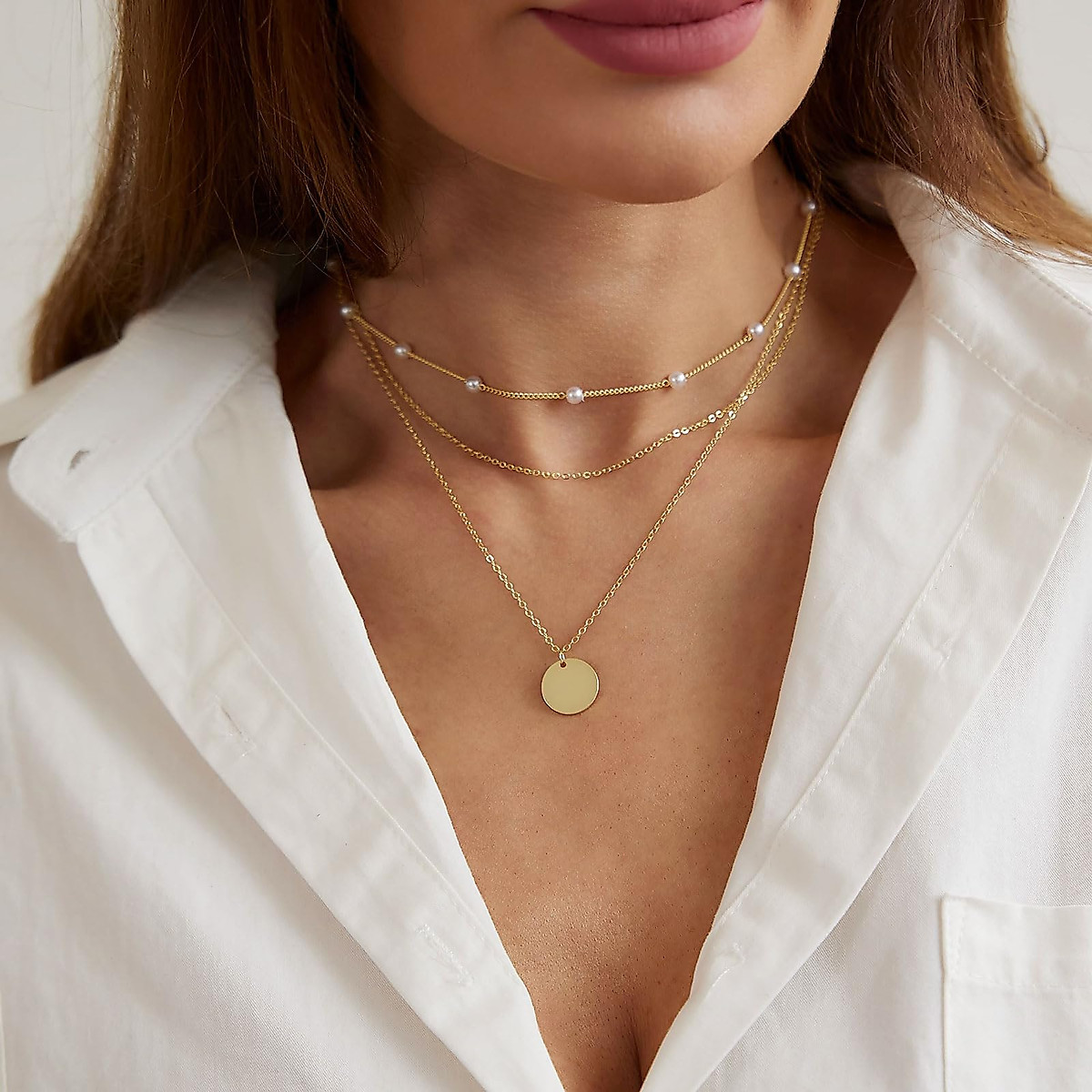 Rotnso Gold Layered Necklace for Women 14K Gold Plated Dainty Necklace Set Disc Coin Pendant Pearl Bead Choker Simple Long Layering Stacked Gold Chain Necklaces Trendy Jewelry Gifts