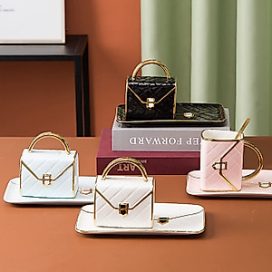 LmlJoo Creative and Adorable Handbag-Shaped Mug with Saucer Cup and Golden Spoon for Enjoying Tea, Juice, Milk, Hot Chocolate or Cappuccino (Black)