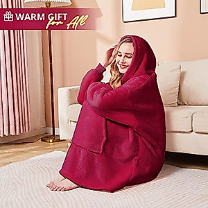 Oversized Sherpa Blanket Hoodie, YUGVYOB Wearable Blanket Warm & Fuzzy, Sweatshirt with Gaint Pocket for Men, Women, Teens, Red