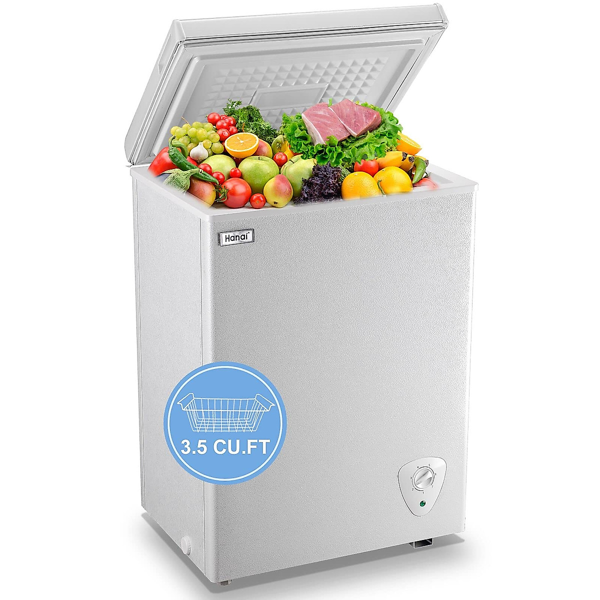 Chest Freezer Small Deep Freezer 3.5 Cu.Ft Mini Freezer White Free-Standing Top Door Freezer Adjustable 7 Thermostat and Removable Basket Open Deep Freezer Energy Saving Apartment Kitchen Business