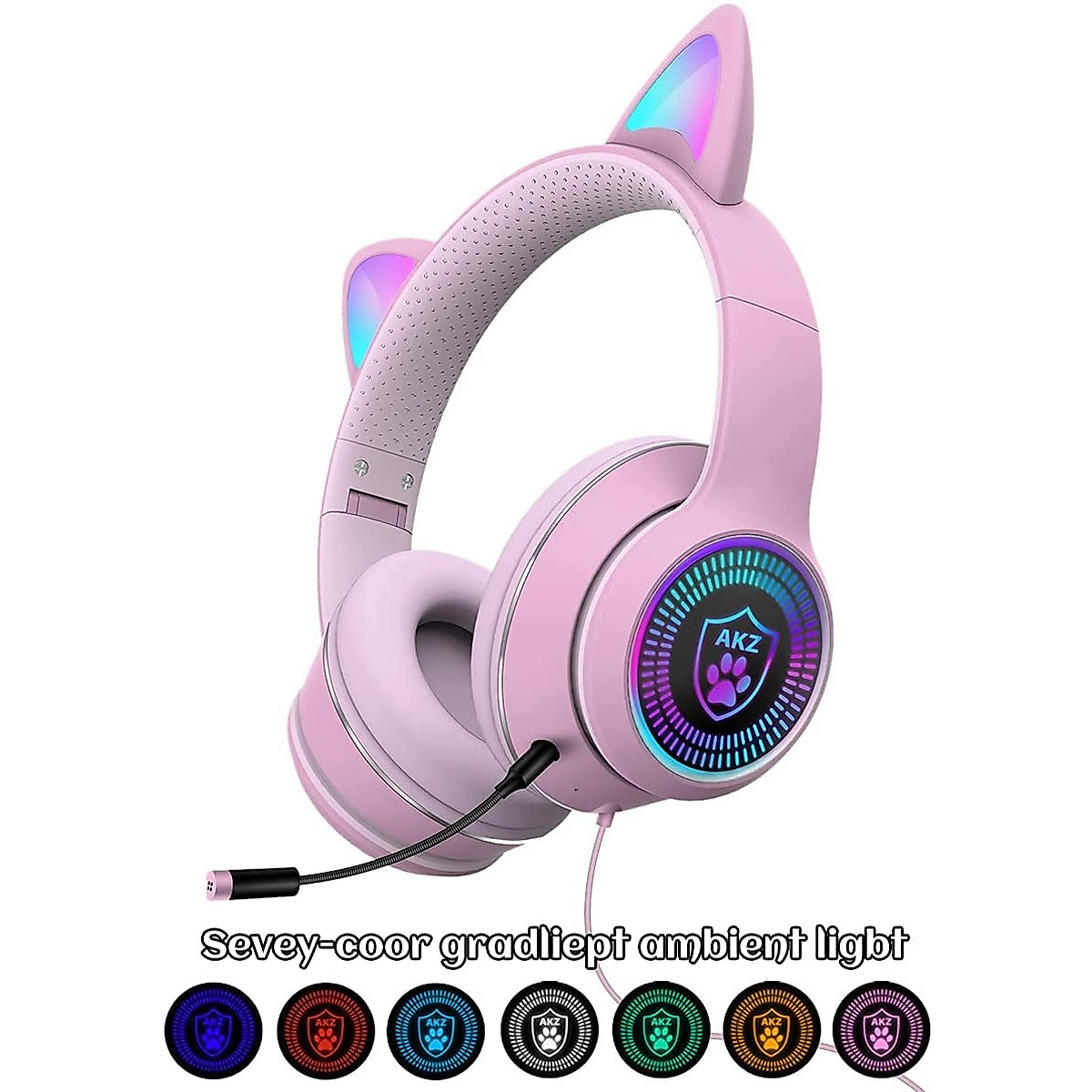 Zuri Sana Cat Ear Gaming Headphones Wired AUX 3.5mm with LED Light, Foldable Stereo Game Music Sound Over-Ear Headsets with Microphone Kids Adult Gift for PC, PS4, Switch, Cellphone, Pad, Laptop