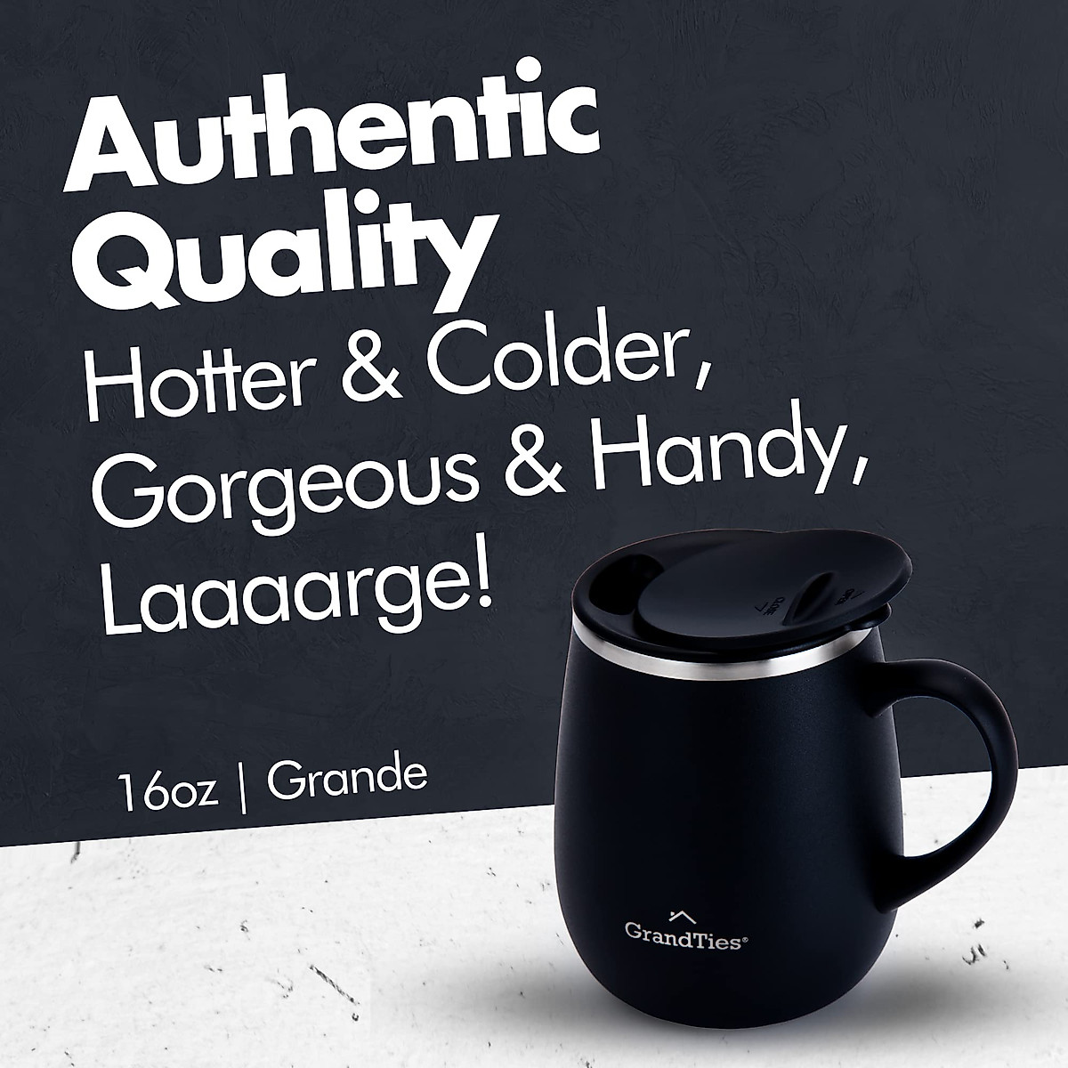GRANDTIES Insulated Coffee Mug with Handle - Sliding Lid for Splash-Proof 16 oz Wine Glass Shape Thermos Tumbler with Double Walled Vacuum Stainless Steel to Keeps Beverages Hot or Cold - Black