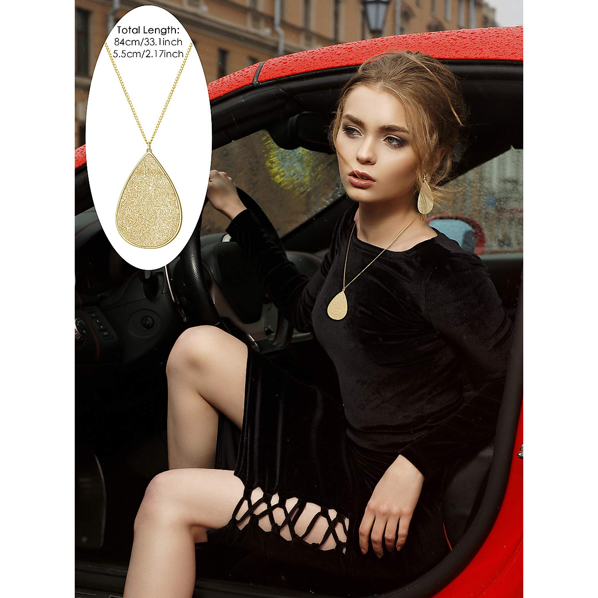 Hicarer 4 Pieces Women's Glitter Jewelry Set Bridal Wedding Multi-Layer Bracelet Faux Leather Dangle Earrings Necklace (Gold)