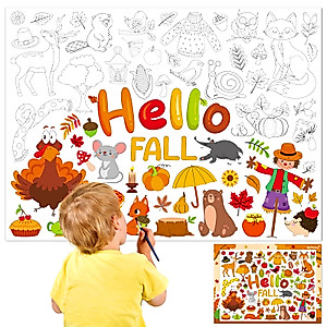 Hello Fall Giant Coloring Poster for Kids Autumn Woodland Thanksgiving Crafts Activity Wall Doodle Art Coloring Paper Poster Banner for Home School Classroom Party Supplie Favor Gift Goodie Bag Decor