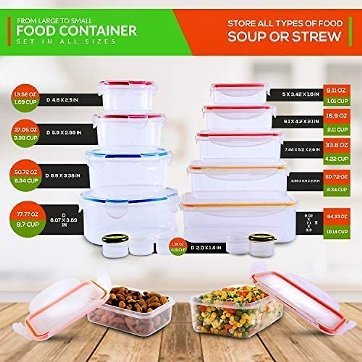 28 PCs Large Food Storage Containers with Airtight Lids-Freezer & Microwave Safe,BPA Free Plastic Meal Prep Containers & Kitchen set.Leak proof Lunch Containers-Snacks, Sandwich, Sauces & Bento box