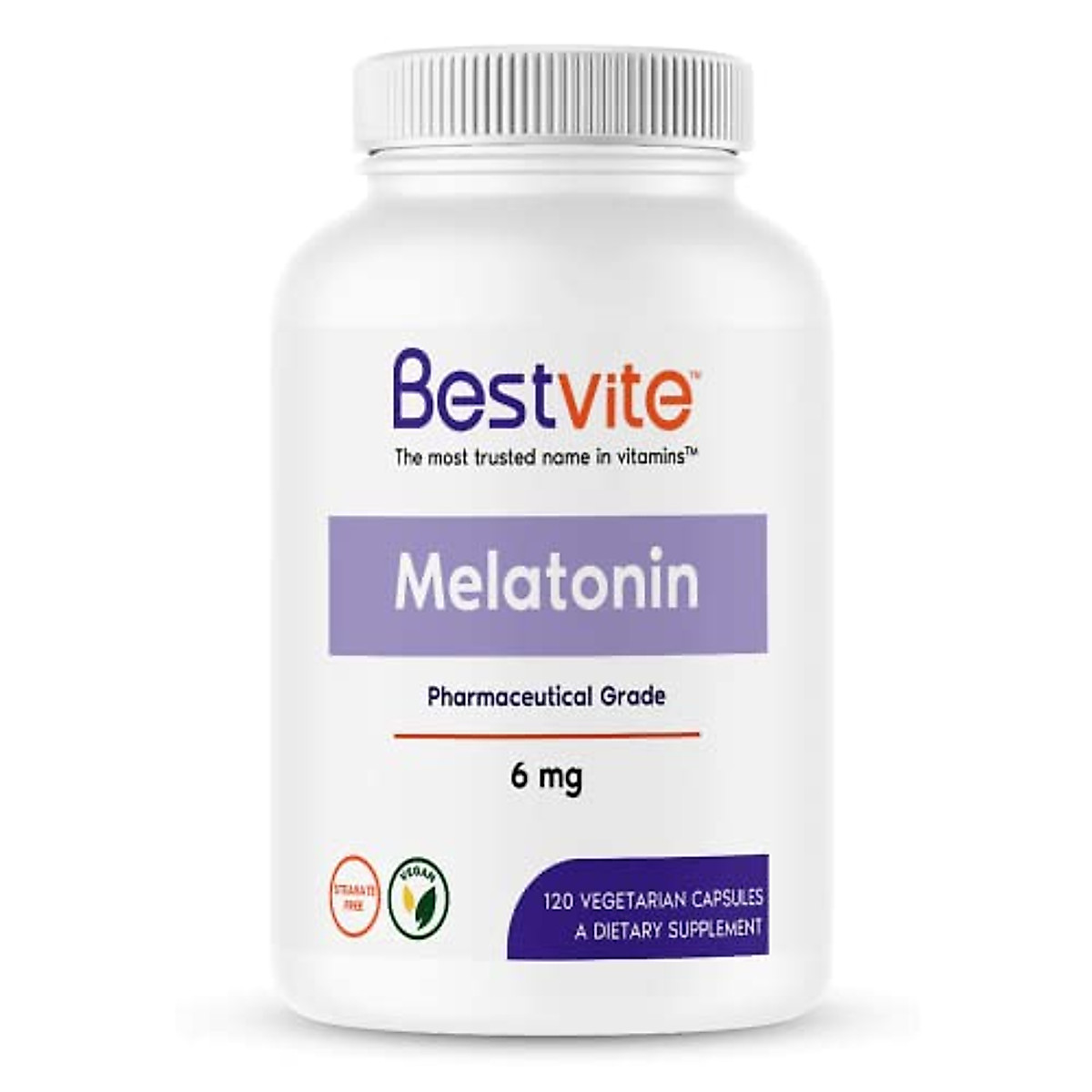 BESTVITE Melatonin 6 mg - 120 Veg Caps - No Stearates - No Sucralose, No Dextrose, No Silicon Dioxide, No Mannitol - Vegan - Non-GMO - Gluten-Free