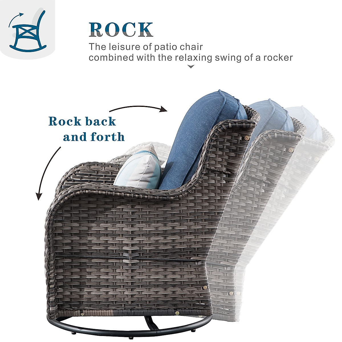 6 Piece Outdoor Patio Furniture Set Wicker Conversation Bistro Set Swivel Rocking Chairs with Side Table and Ottomans for Backyard, Porch, Balcony,Grey Wicker Denim Blue