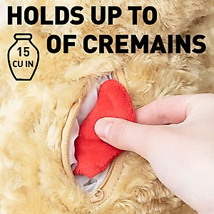 Perfect Memorials Large Teddy Bear Cremation Urn (Tan, 15 Cu/in) - Beautiful Memorial Bear Keepsake for Lost Pet, Human Ashes/Red Fabric Heart/Made with Care