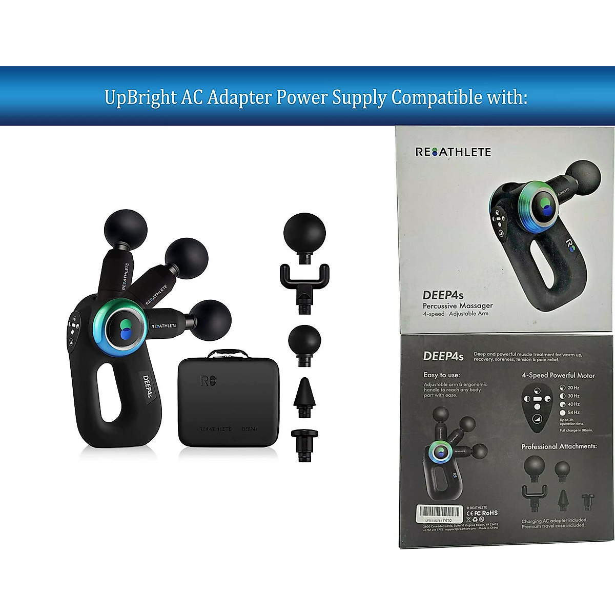 UpBright AC/DC Adapter Compatible with REATHLETE DEEP4S PRO Percussive Massager Therapy Deep Tissue Device Percussion Massage Gun DEEP4s-U-A DEEP4s-U-B DEEP4s-U-C ZESO Power Supply Battery Charger PSU
