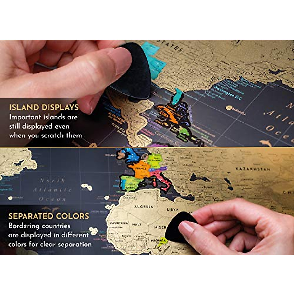 Two Scratch Off Maps - Map of the World (Large) + US States Map (Small) - Deluxe Scratch-Off Travel Posters for Adults, Kids - Made in Europe