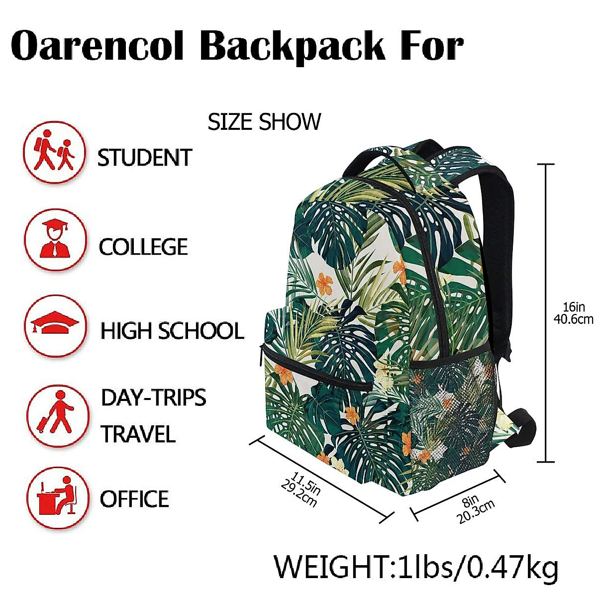Oarencol Tropicalsummer Hawaiian Flower Palm Leaves Orange Floral Backpacks Bookbags Daypack Travel School College Bag for Womens Girls Mens Boys Teens