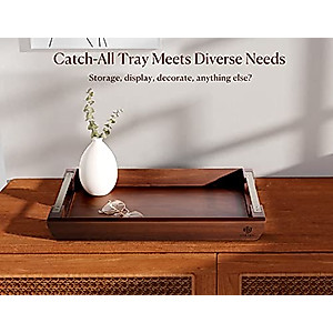 Dofira Acacia Wood Serving Tray with Metal Handles, 17x13in Food Drinks Tray for Coffee Table, Breakfast, Dinner & Bar, Rustic Decorative Storage Tray for Ottoman, Kitchen, Bedroom (Gift Packaging)