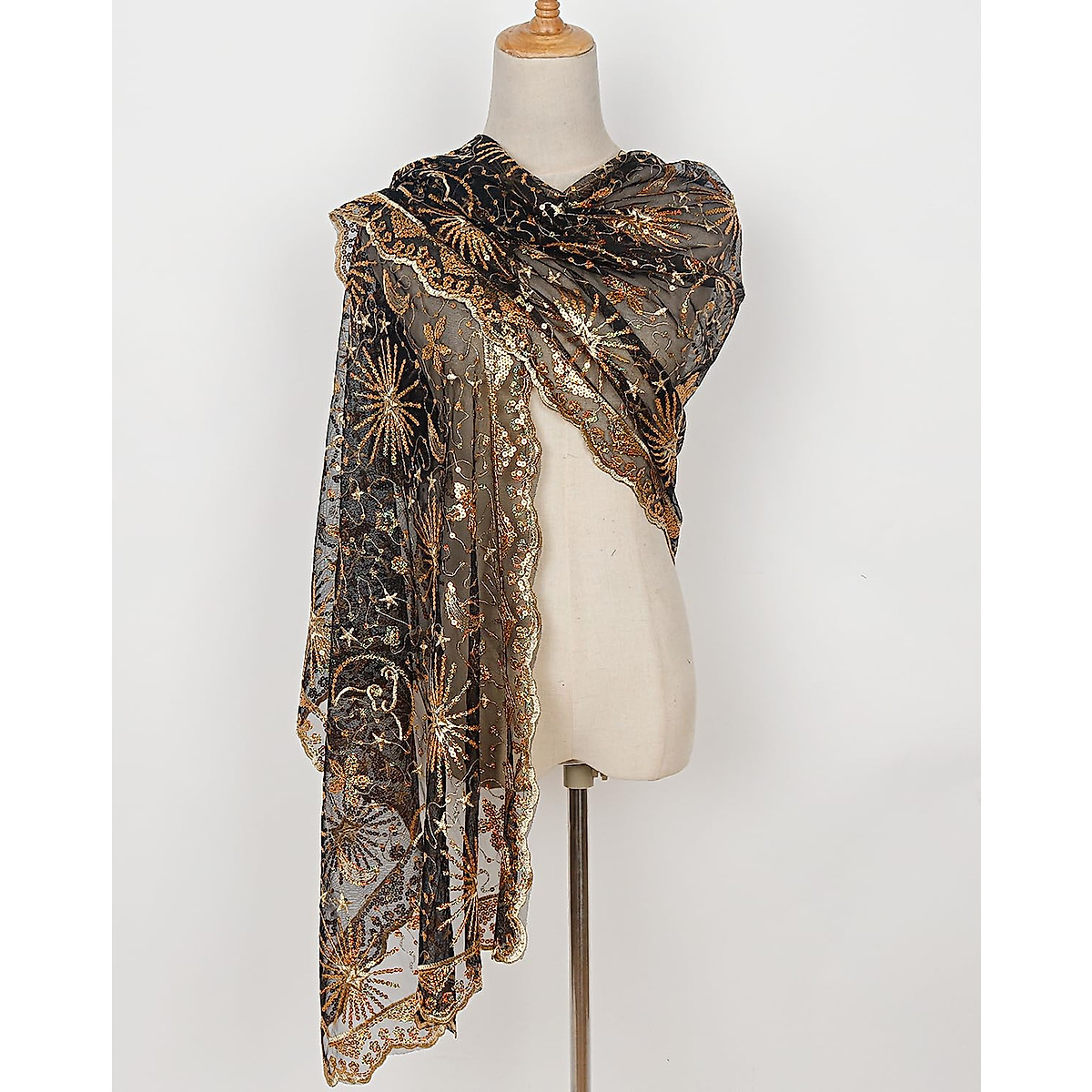 L'VOW Women's Glittering 1920s Scarf Mesh Sequin Wedding Cape Fringed Evening Shawl Wrap(S4-Black&Gold)