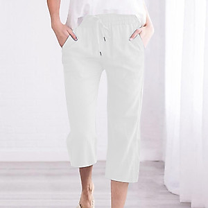Plus Size Summer Pants Women's Pants Drawstring Elastic Waist Trousers Slacks Cotton Linen Capri Pants Pull-On Legging Pant Summer Beach Quick Dry White XL