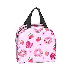 Ucsaxue Cute Pink Donut Berry Strawbery With Red Heart Shape Lunch Bag Reusable Lunch Box Work Bento Cooler Reusable Tote Picnic Boxes Insulated Container Shopping Bags For Adult Women Men