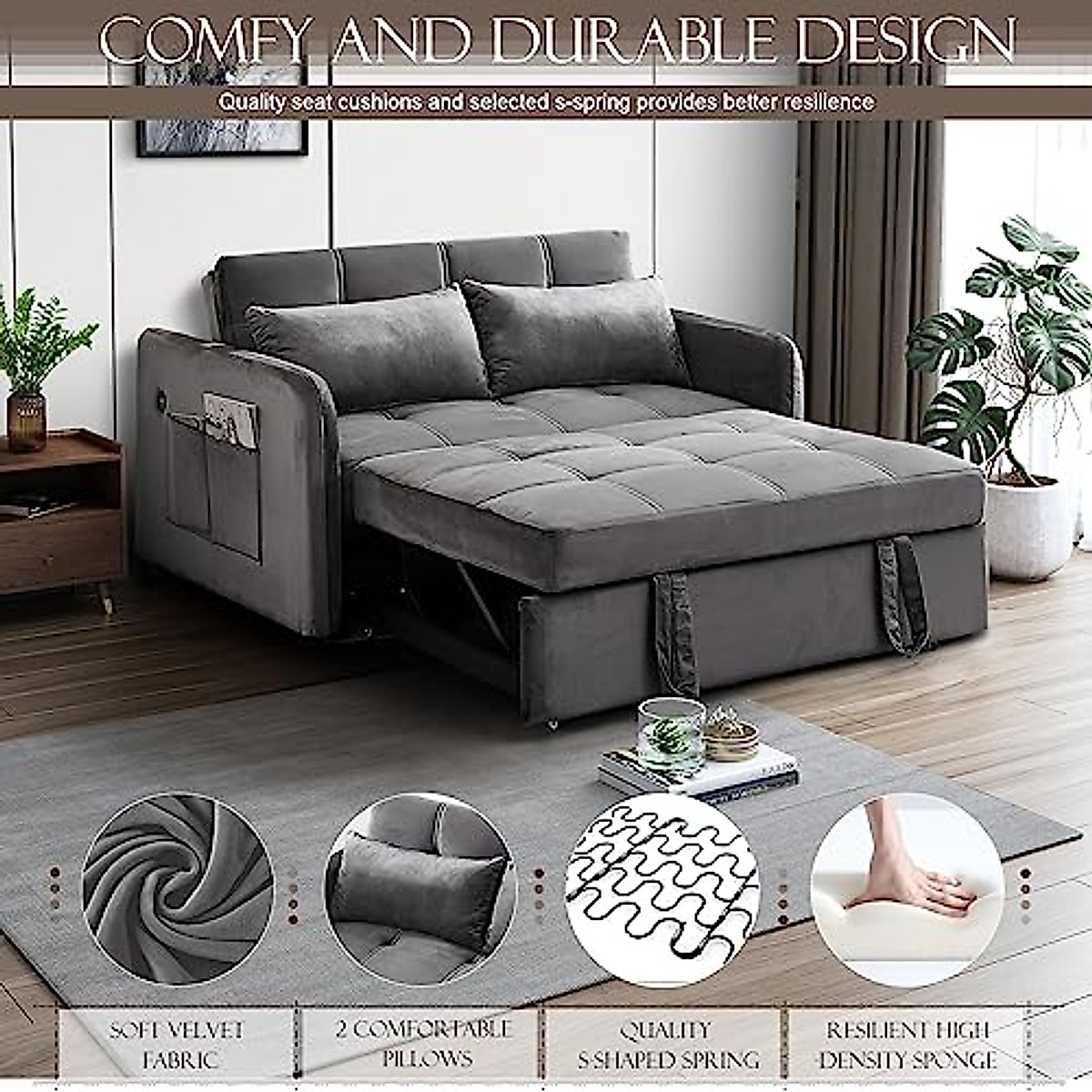 Velvet Pull Out Sleeper Sofa Bed with USB Ports, Convertible Futon Couch with Adjustable Backrest, 3 in 1 Modern Loveseat with 2 Pockets and Pillows, Small Love Seat for Living Room, Office, Dark Grey