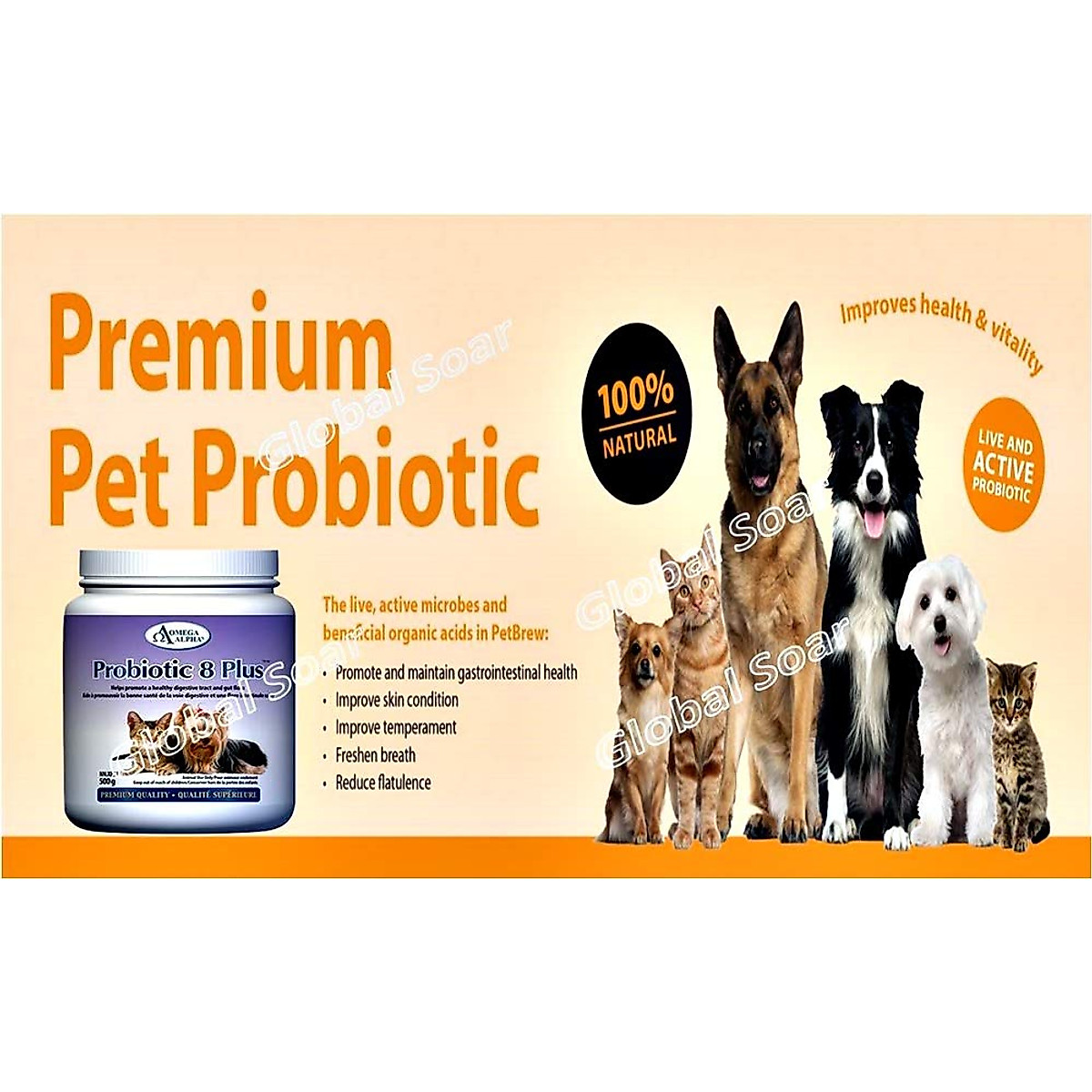 Omega Alpha Pet Probiotic 8 Plus - Probiotics, Enzymes, and Fibre for Better Pet Digestion.-500g