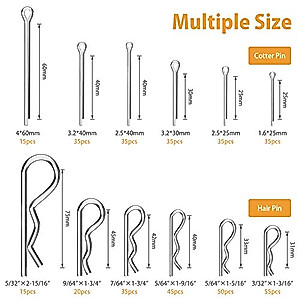 VIGRUE 500PCS Cotter Pin Assortment Kit Hitch Pin Zinc Plated R Clip Assortment Kit Fastener for Use on Hitch Pin Lock System