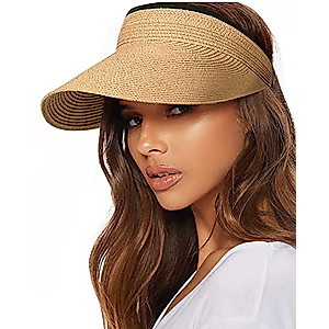 FURTALK Hat Straw Sun Visors for Women Summer Packable Ponytail Beach Hats for Travel UPF 50+ (Wide Brim Khaki, One Size)