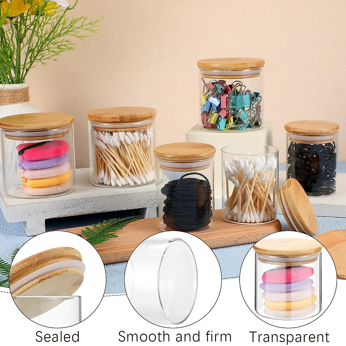 Dandat 6 Pack Glass Apothecary Jars with Lids Bamboo Bathroom Jars Cotton Ball Pad Round Swab Holder Dispenser Vanity Canisters for Countertop Storage Hair Ties Floss Organizer, 8.5 oz and 10.8 oz