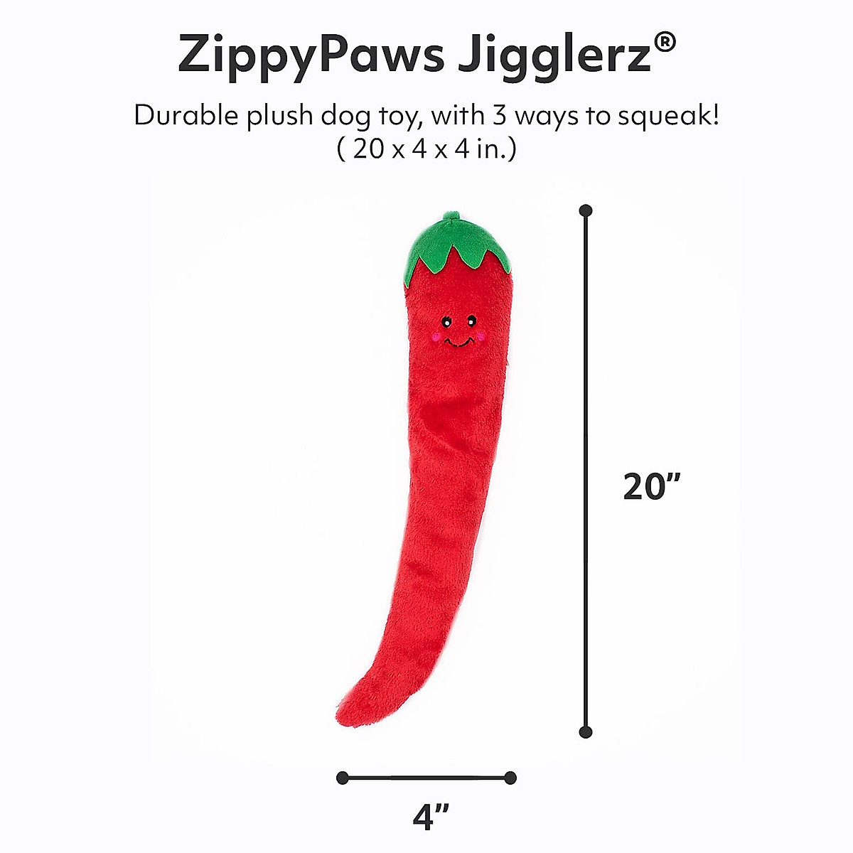 ZippyPaws Jigglerz - Zippy Paws Dog Toy for Large and Small Dogs, Squeaky Plush Tug Toy with No Stuffing, Squeaky Veggie Themed Interactive Dog Toys with Crinkle Head and Tail, Pepper