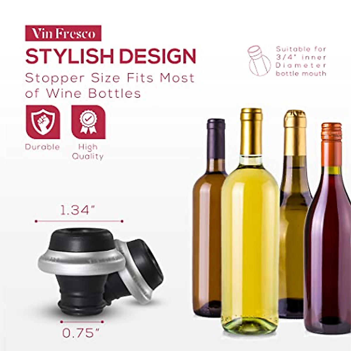 Vin Fresco Wine Saver Vacuum Pump Preserver and Airtight Sealer (4 count) | Bottle Sealer to Keep Wine Fresh (4 wine bottle stoppers included)