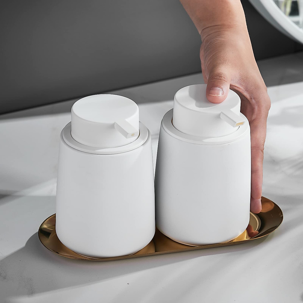 White Foam Hand Soap Dispenser - 12Oz Ceramic Foaming Soap Dispenser for Bathroom with Easy-to-Press Pump, Refillable Liquid Lotion Hand Soap Dispenser, Dish Soap Dispenser for Kitchen (Rubber Paint)