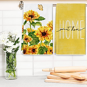 AnyDesign Sunflower Kitchen Towel Home Sweet Home Floral Dish Towel Spring Summer Flower Butterfly Hand Drying Tea Towel for Seasonal Cooking Baking Cleaning, 18 x 28 Inch, 2 Packs