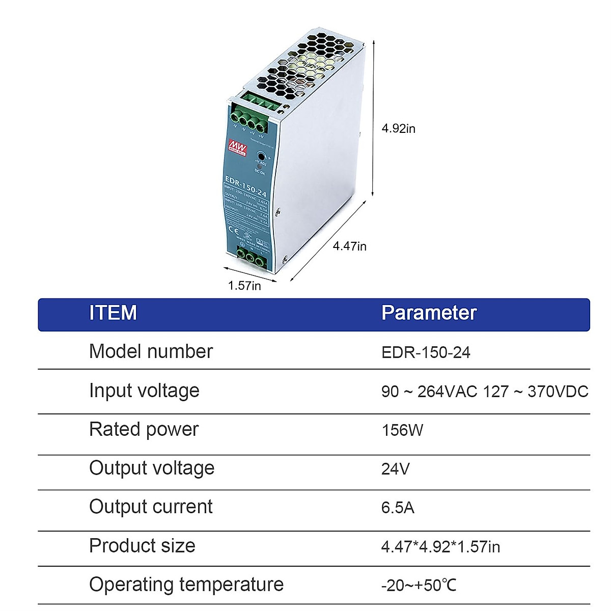 TorqCali EDR-150-24 150W 24V 6.5A Single Output Industrial DIN Rail Power Supply, Constant Current Limiting, Overload & Overvoltage Protection