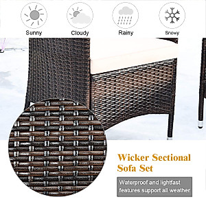 Toolsempire 4 Pieces Patio Sofa Set, Wicker Conversation Set with Ergonomic Curved Backrest, Patio Rattan Furniture Set with Water-Resistant Cushion & Tempered Glass Table for Balcony, Porch (Brown)