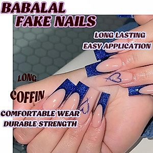 BABALAL Square Press on Nails Long Fake Nails Blue French Tip Glue on Nails Glitter Shiny Heart Design Acrylic Nails 24Pcs Squoval Manicure Artificial False Nails for Women and Girls