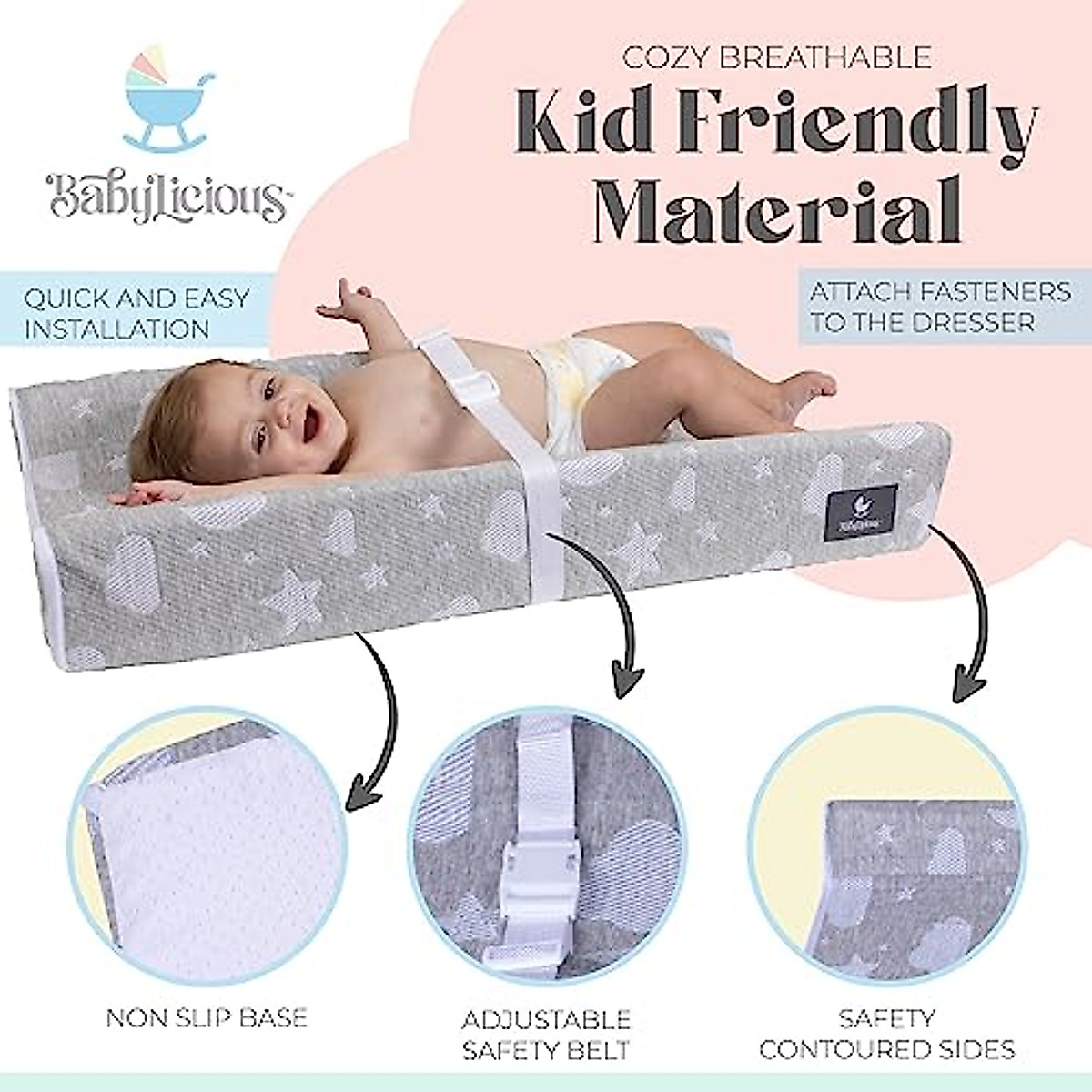 Waterproof Baby Changing Pad | Contoured Non Slip Infant Table Topper Changer Mat with Security Straps for Changing Table | Cozy Breathable Washable Diaper Change Table Pad for Babies by Babylicious
