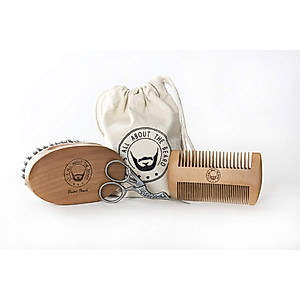 Best Premium Professional Beard & Brush Travel Gift Set Superior 100% Boar Bristle Brush Including Grooming Comb & Bonus Scissors Great For Trimming Beards Mustache or Goatee- It's All About The Beard