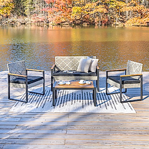 JONATHAN Y LVG1102C-4SET Wilder 4-Piece Modern Coastal Faux Wicker Conversation Outdoor Patio Set Industrial, Farmhouse, Mid-Century, Classic, Contemporary, Minimalist, White Wash/Black/Natural
