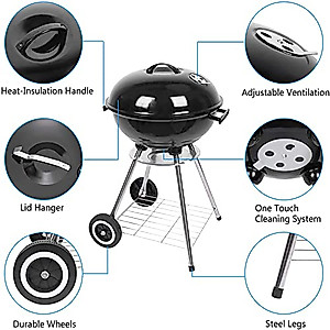SRHMYWBW 22 Inch Round Kettle Charcoal Grill Portable Charcoal Grill with Wheels Plated Steel Grates Charcoal BBQ Grill for Outdoor Camping Picnic Patio Backyard Grilling Black