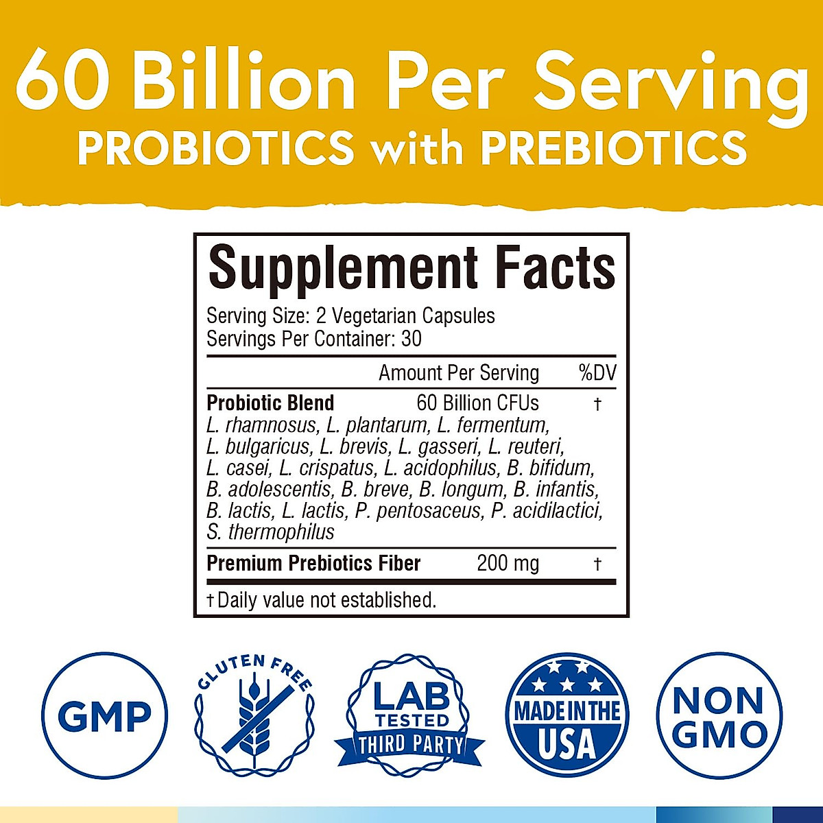 Terranics Probiotics 60 Billion CFU, 20 Strains, 60 Veg Capsules, Prebiotics & Probiotics, Shelf Stable Probiotic Supplement for Men & Women, Digestive & Immune Health, Non-GMO, NO Soy, Dairy & Gluten